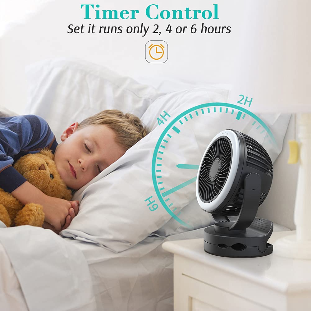 SLENPET 10000mAh Rechargeable Clip on Fan with Light, 40H Working Time, 360°Rotatation, 4 Speeds Adjustment, 2-6H Three Levels Time Setting, Portable Camping Fan with Hanging Hook Desk Fan (Black)