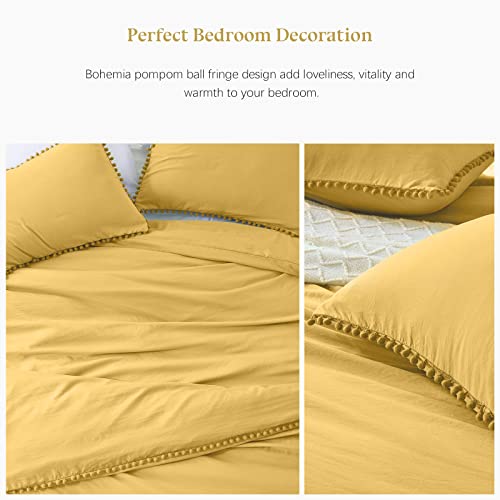 Newspin Duvet Cover King Size Pom Pom Fringe Yellow,3Pcs Soft Breathable Washed Microfiber Boho Bedding Duvet Cover Set with Zipper Closure,1 Duvet Cover(104"X90") and 2 Pillow Shams(No Comforter)