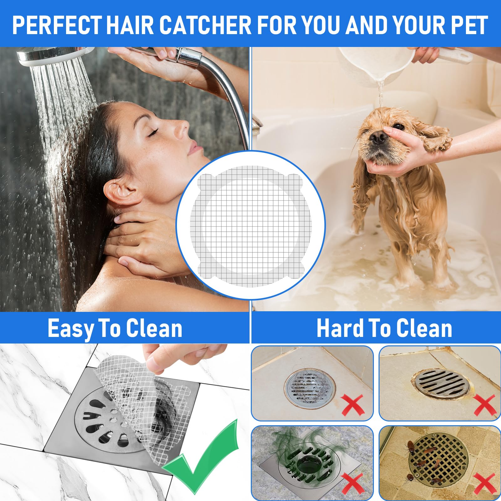 JINSILU,50 Pack,Disposable Shower Drain Hair Catcher Mesh Stickers,Shower Hair Drain Catcher,Drain Cover