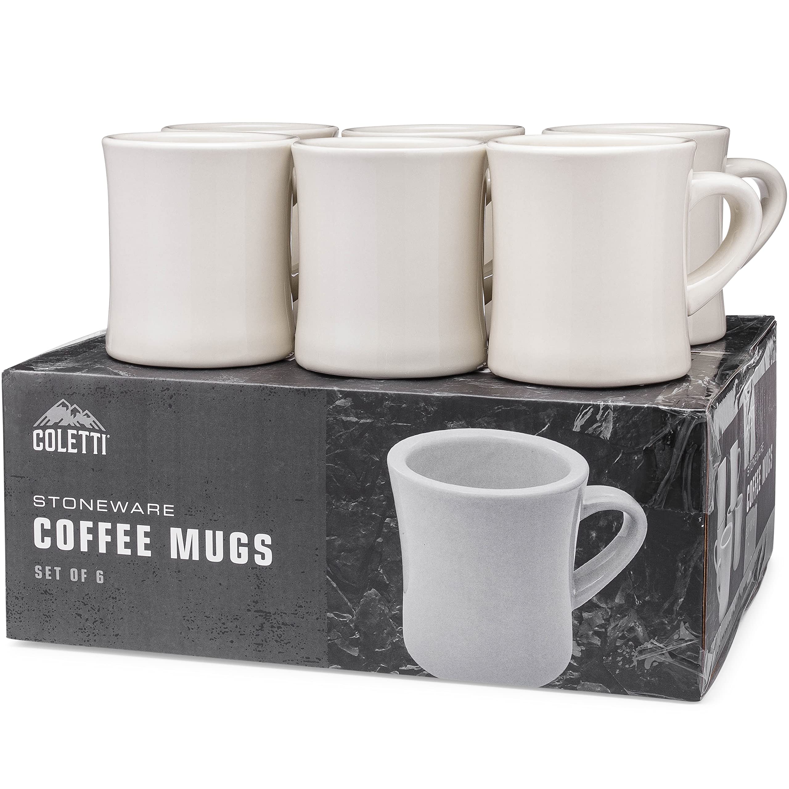 COLETTI Off White Coffee Mugs Set Of 6 β Diner Coffee Mug 11 oz β Mug Set, Stoneware Coffee Mugs, Coffee Cups Ceramic β Diner Coffee Mugs Heavy Retro Style β Dishwasher & Microwave Safe