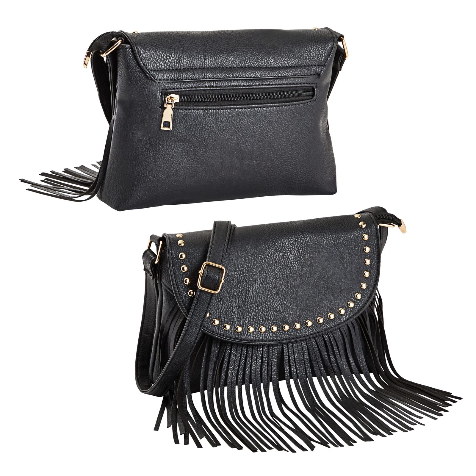 Zodaca Black Fringe Purse for Women, Faux Leather Hippie Crossbody Bag (10.5 x 1.5 x 7.8 In)