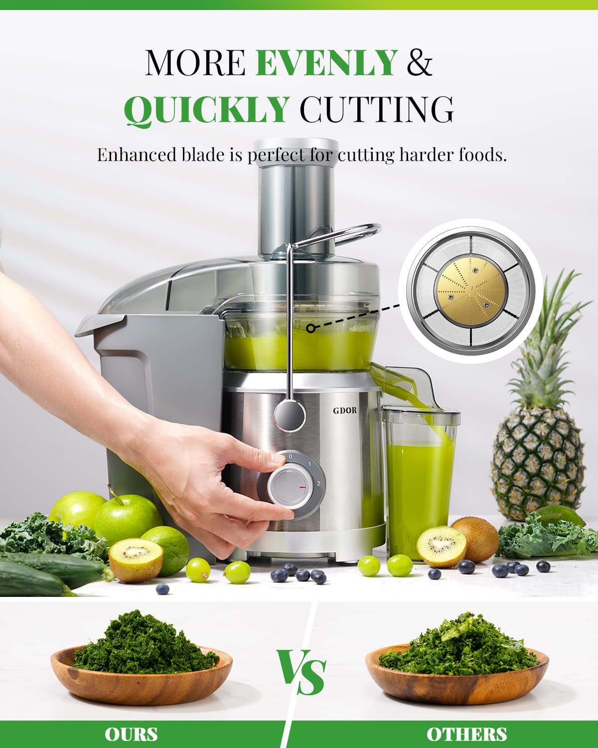 GDOR 1300W Juicer Machines Plus with Larger 3.2β Feed Chute, Titanium Enhanced Cut Disc Centrifugal Juice Extractor, Full Copper Motor Heavy Duty, for Whole Fruits, Veggies, Dual Speeds, BPA-Free