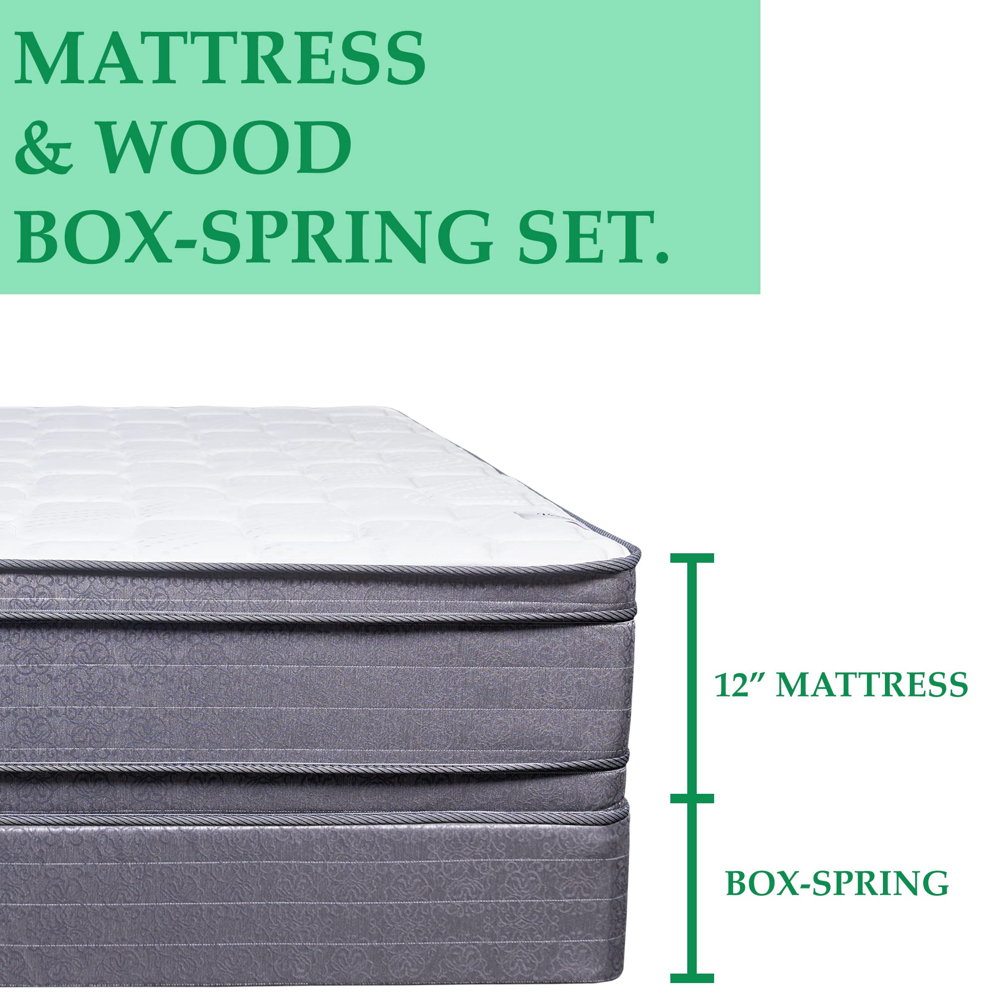 Mayton 13-Inch Firm Euro Top Double Sided Foam Encased Innerspring Mattress Set with 4" Split Wood Box Spring, Queen Black.