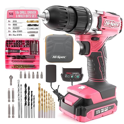 Hi-Spec 58pc Pink 18V Cordless Power Drill Driver, Bit Set & Case. Complete Home & Garage DIY Tool