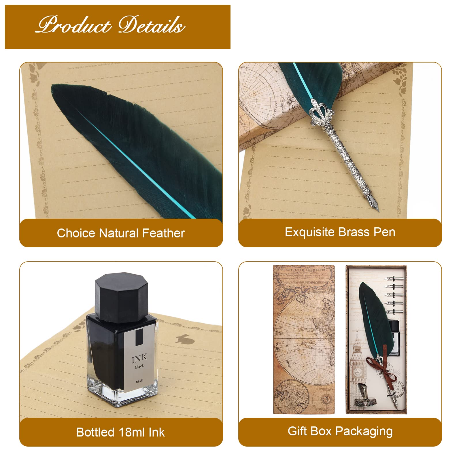 Coitak Feather Pen Quill Pen Dip Pen With 5 Replacement Nibs Writing Paper Calligraphy Pen Ink Set