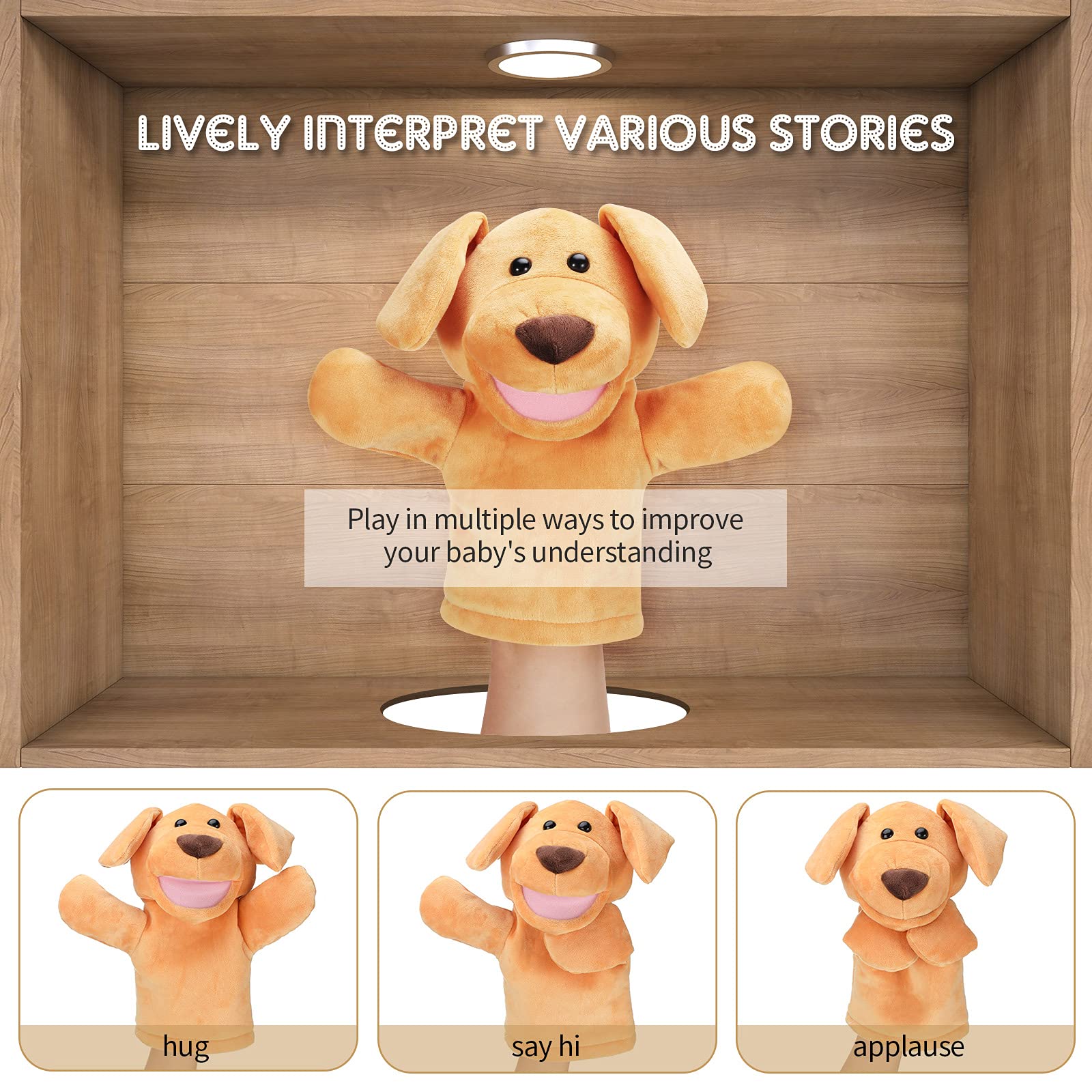Zomiboo Hand Puppets Soft Animal Hand Plush Toy with Movable Mouth Imaginative Pretend Play Stocking Storytelling Interactive Toy (Dog)