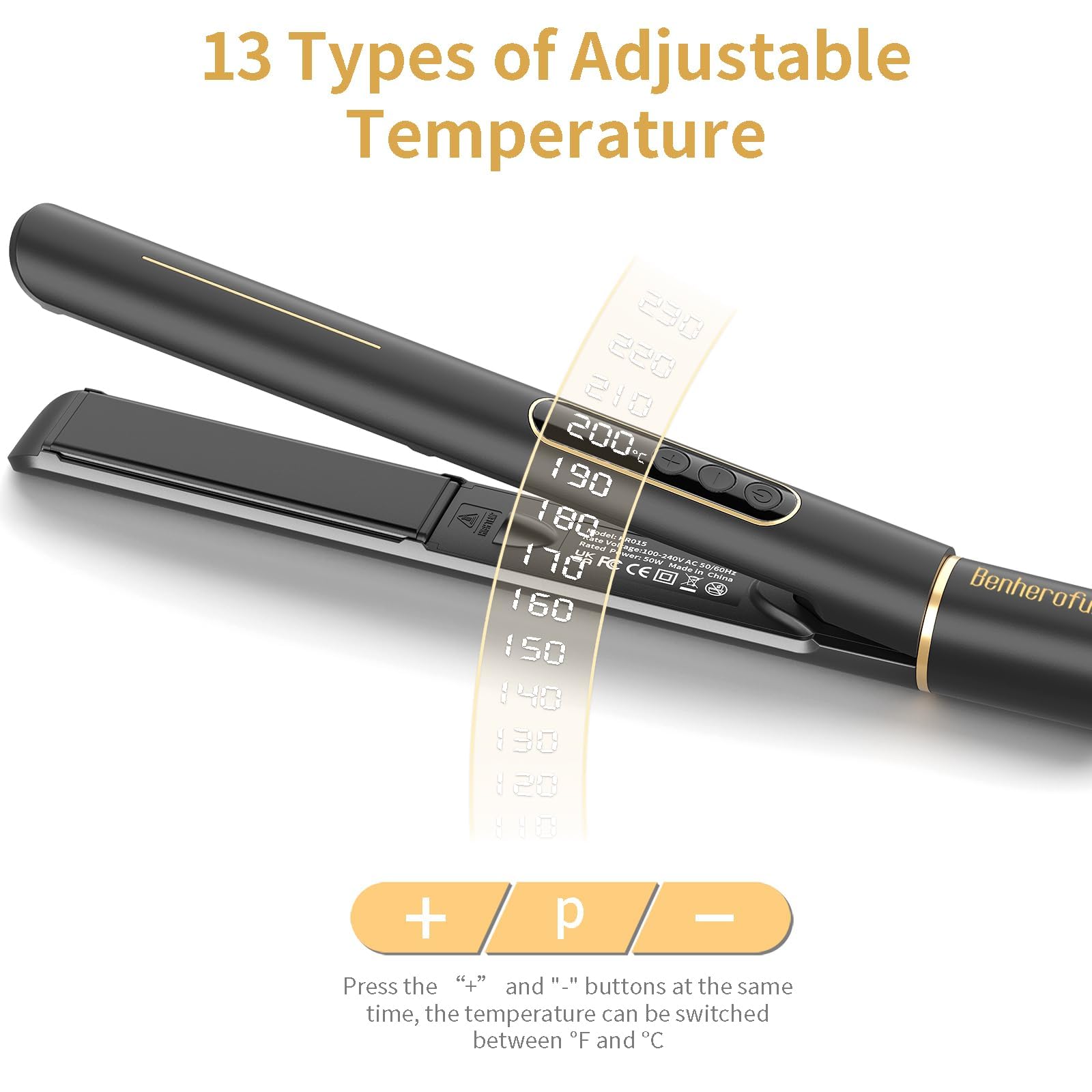 Ceramic Hair Straightener - Professional Flat Iron 13 Adjustable Temp 230°F-450°F, Negative Ion for Smooth & Shiny Hair, Dual Voltage 100V-240V Travel Friendly & 1 Hour Auto-Off