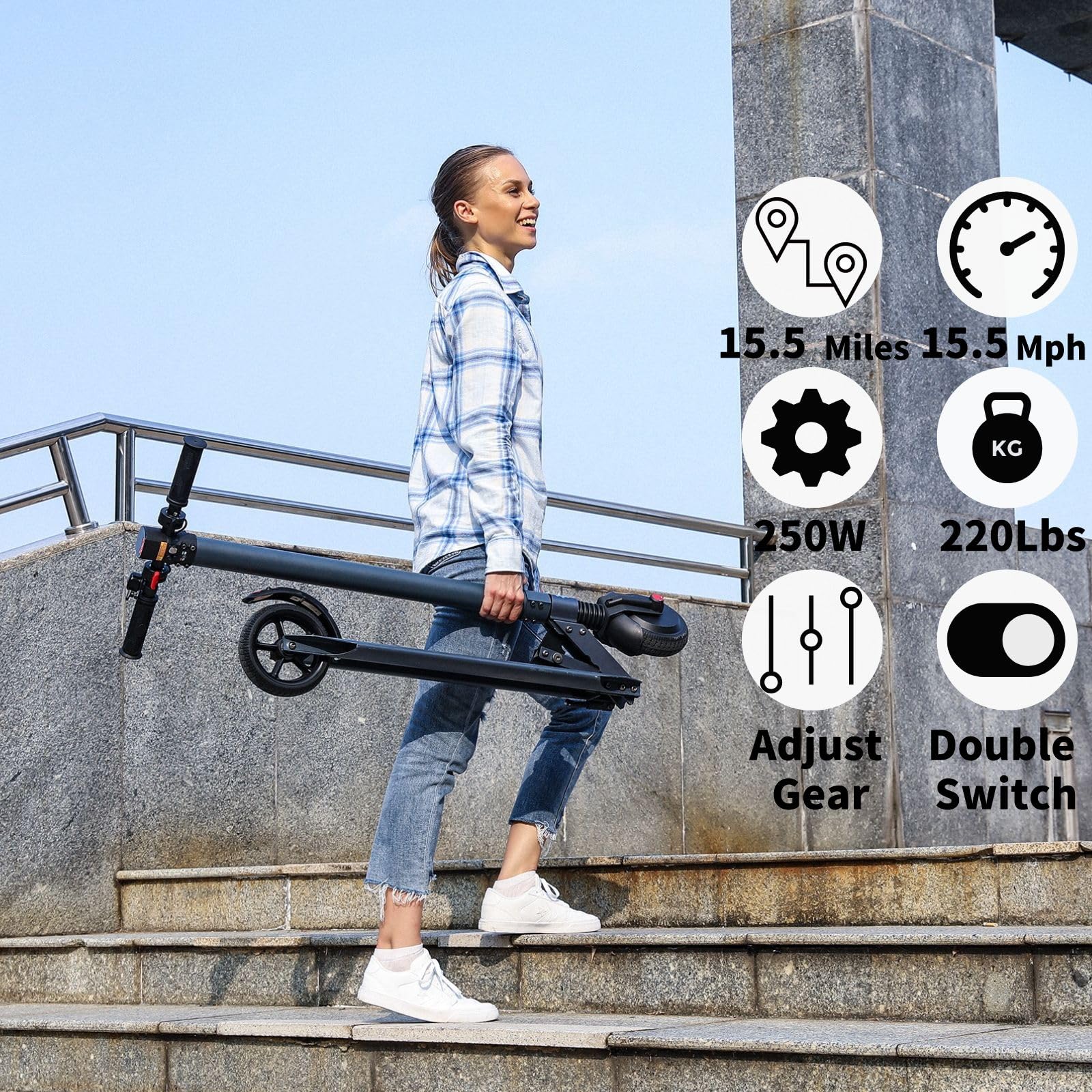 Caroma Electric Scooter 250W(400W Peak), Max 15.5 Miles Range & 15 MPH, 6.5" Solid Tire, Foldable Electric Scooter for Aduls & Kids, Commuting E Scooter for Adults with Braking System (Matte Blue)