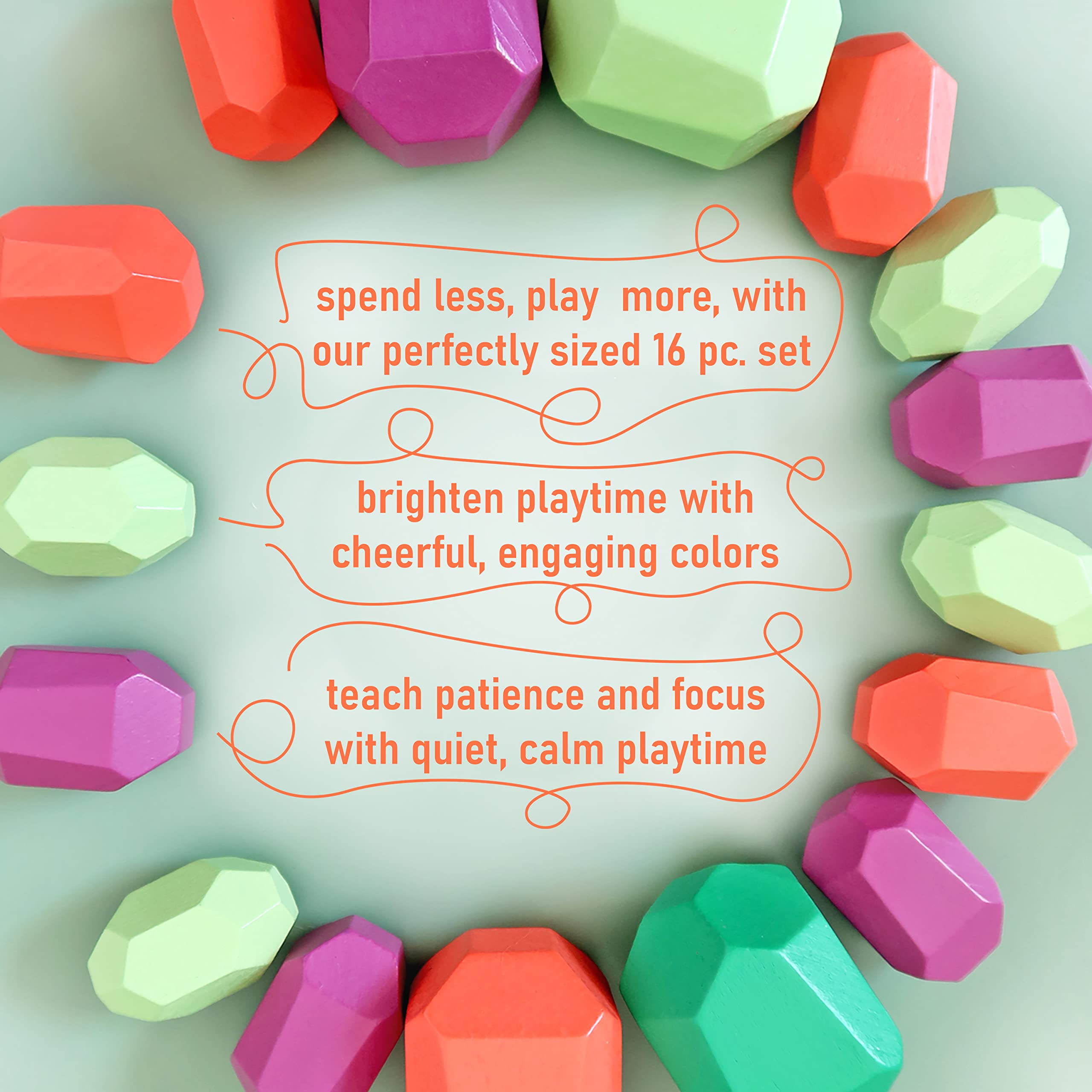 Open Road House Stacking Rocks - Stacking Stones - 16 pc Wooden Stacking Rocks for Kids - Sorting & Stacking Toys - Balancing Stones - Wooden Stacking Stones - Rock Blocks Kids (Orange Green Purple)