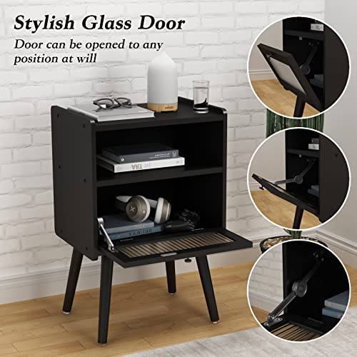 SOOWERY Mid Century Modern Nightstand, Side Table with Storage, Bedside Tables with Glass Door, End Table with Solid Wood Legs for Bedroom, Living Room and Small Spaces, Black