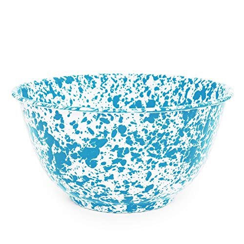 Crow Canyon Home Enamelware Salad Bowl, 5 quart, Turquoise/White Splatter