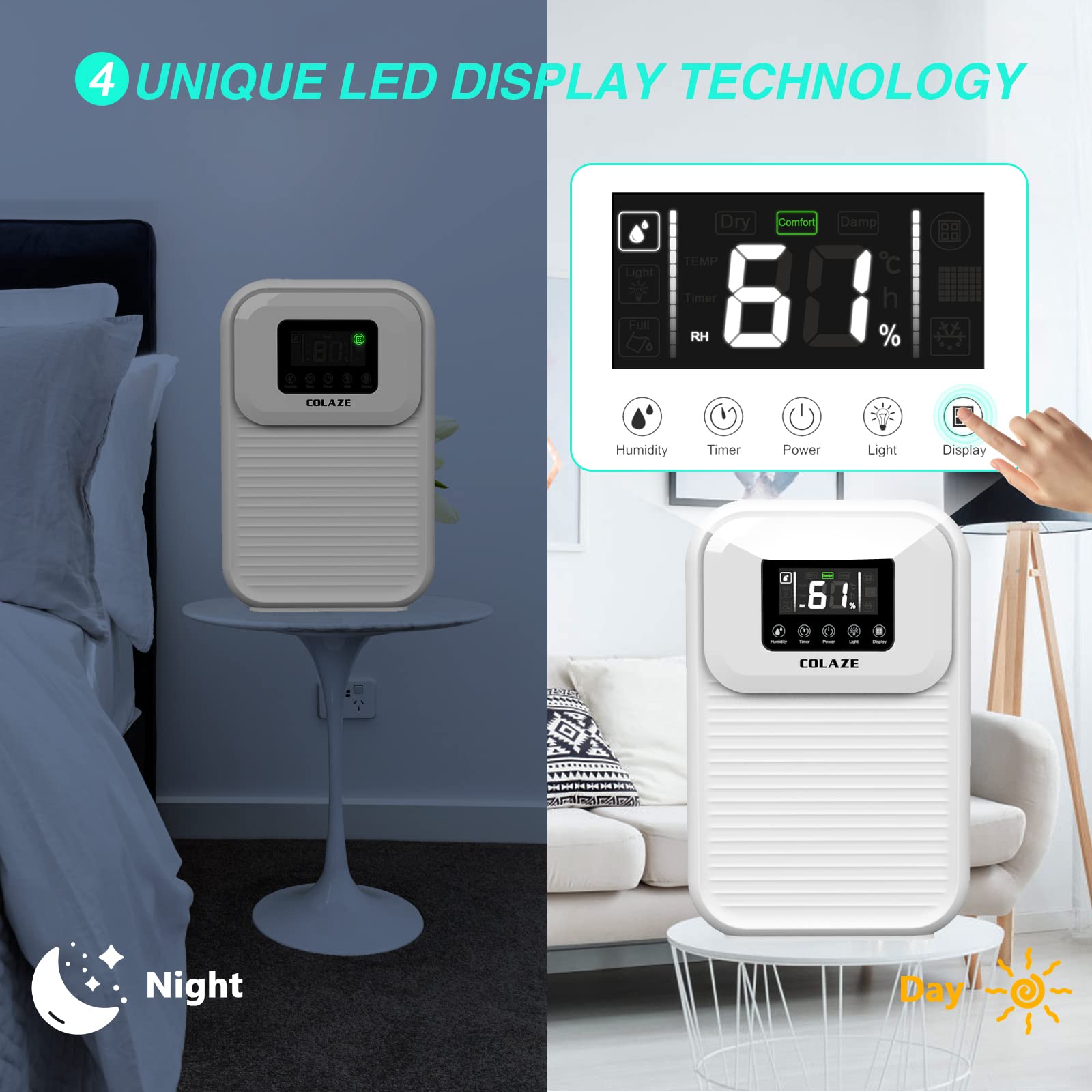 COLAZE Dehumidifiers for Small Spaces Dehumidifier Up to 500 Sq.ft with LED Display, Humidity Setting, Timer, Auto Shut off, Defrost Functions