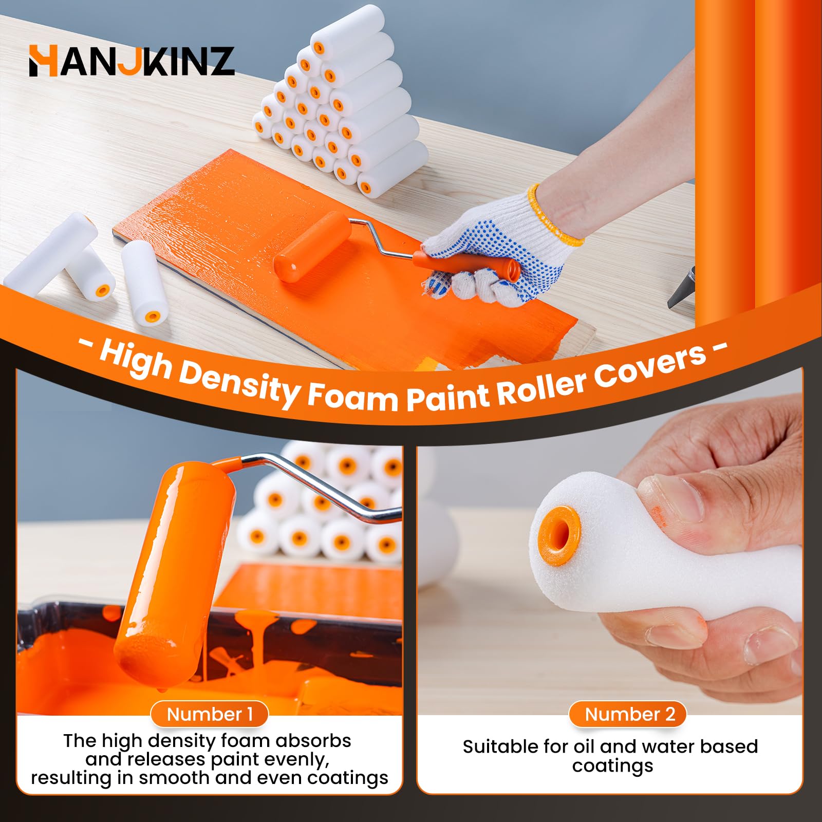 HANJKINZ Foam Paint Roller, 24 Pack, 4 Inch Mini Paint Roller Covers, High Density Foam Paint Roller, Small Paint Rollers for All Flat Surfaces, Suitable for Wall,Kitchen Cabinets, Doors, Tables, Etc