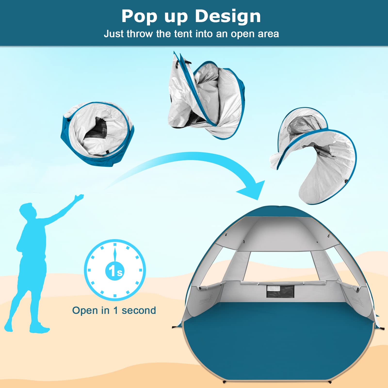 COMMOUDS Large Pop Up Beach Tent for 3-4 Person, UPF 50+ Beach Sun Shade, Automatic Beach Sun Shelter Umbrella with Carry Bag, Lightweight and Easy Set Up