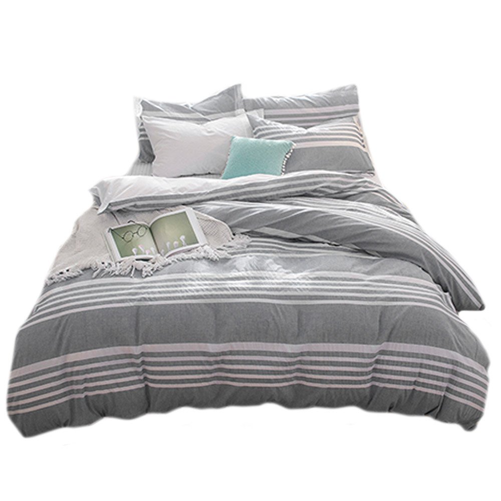 Merryfeel Cotton Duvet Cover Set,100% Cotton Seersucker Stripe Duvet Cover Set, Yarn Dyed Bedding Set,3 Pieces - Full/Queen - Grey