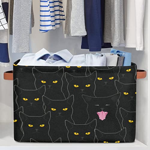 Storage Basket Bin,Night Cat Large Fabric Storage Box with Handles,Cat Collapsible Decorative Baskets Organizer Basket for Nursery Bedroom Office