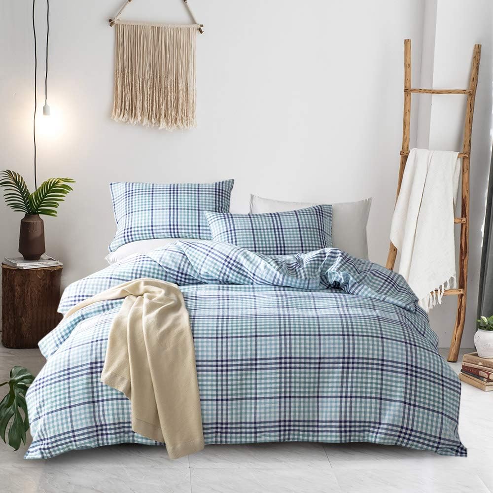 Merryfeel Linen Duvet Cover Set King,100% French Linen Yarn Dyed Check Duvet Cover Set, Luxurious Bedding for All Season - King - Yarn Dyed Check