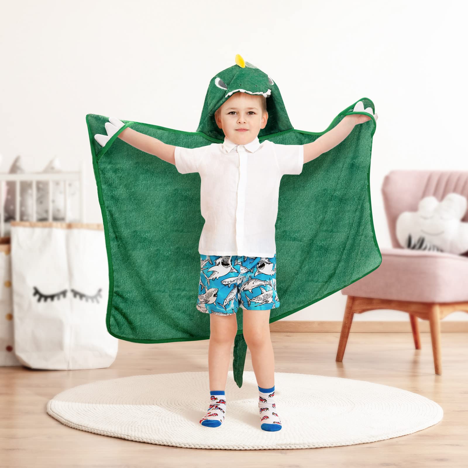 Dinosaur Blanket Super Soft Baby Throw Blanket, Double Layer Baby Hooded Towel with Dotted Backing for Baby Infant Toddler