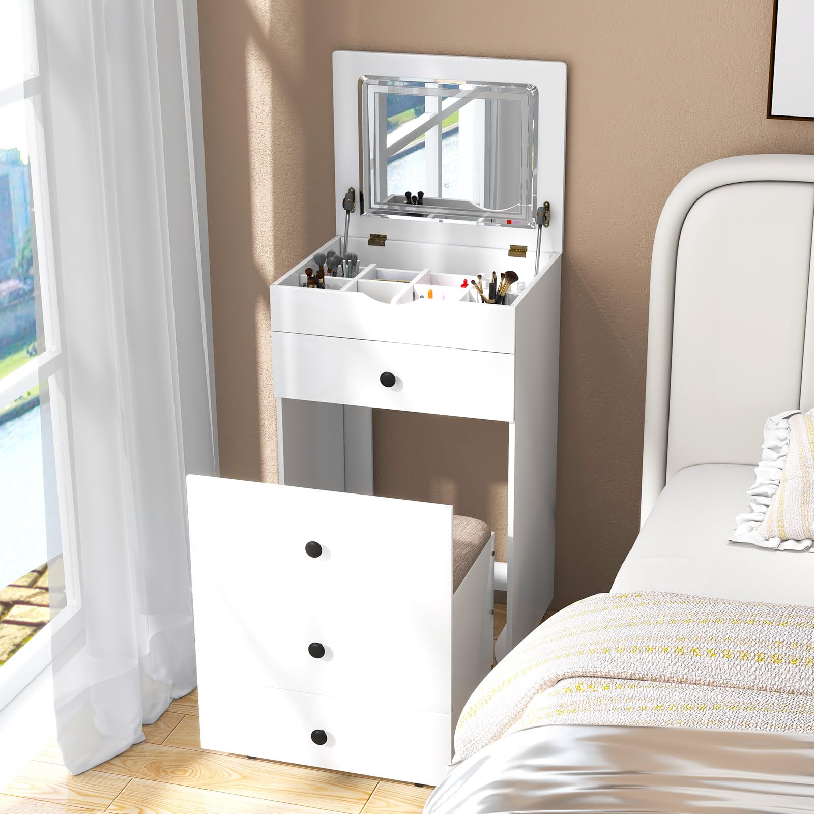 CHARMAID Small Vanity Desk Set, Makeup Vanity Table with Flip-up Lighted Mirror, Storage Bench, 2 Drawers, 8 Wheels, White Girls Dressing Table Nightstand for Small Space Bedroom