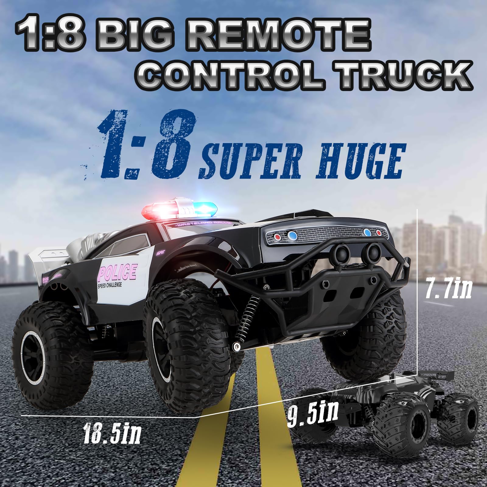 Carox Remote Control Car Large Size, 1/10 Big RC Trucks,15km/h with Two 7.4V Batteries, 2.4Ghz All Terrain Big Tires Remote Control Car, LED Headlight Buggy, Gift for 6-12 Boys,OX41