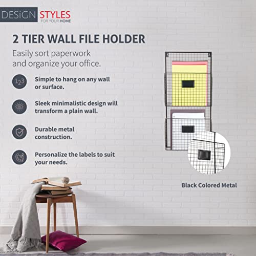 Two Tier Wall File Holder β Durable Black Metal Rack with Spacious Slots for Easy Organization, Mounts on Wall and Door for Office, Home, and Work β by Designstyles