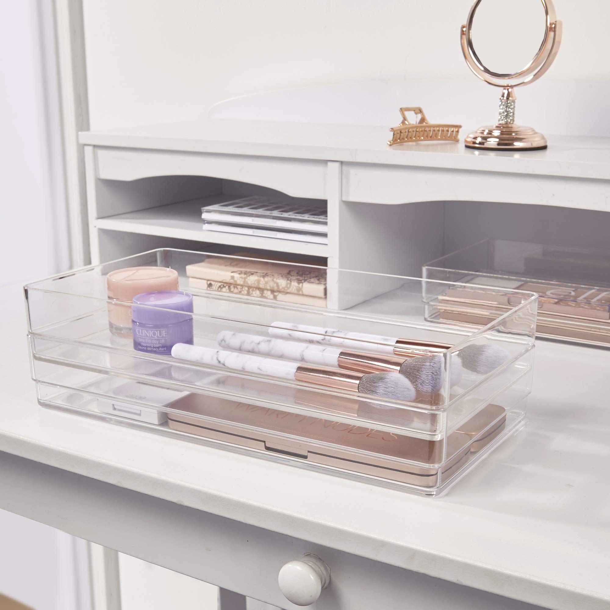 STORi SimpleSort 3-Piece Stackable Clear Drawer Organizer Set | 12" x 6" x 2" Rectangle Trays | Wide Makeup Vanity Storage Bins and Office Desk Drawer Dividers | Made in USA