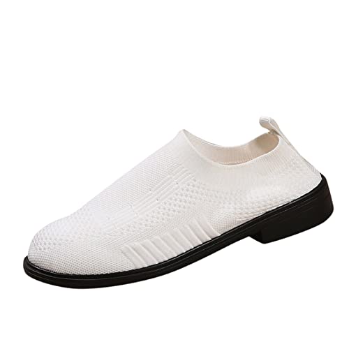 FASDNENDYS Fashion Autumn Women Casual Shoes Low Heel Flat Solid Color Fly Woven Mesh Breathable Comfortable Solid Men Fashion White