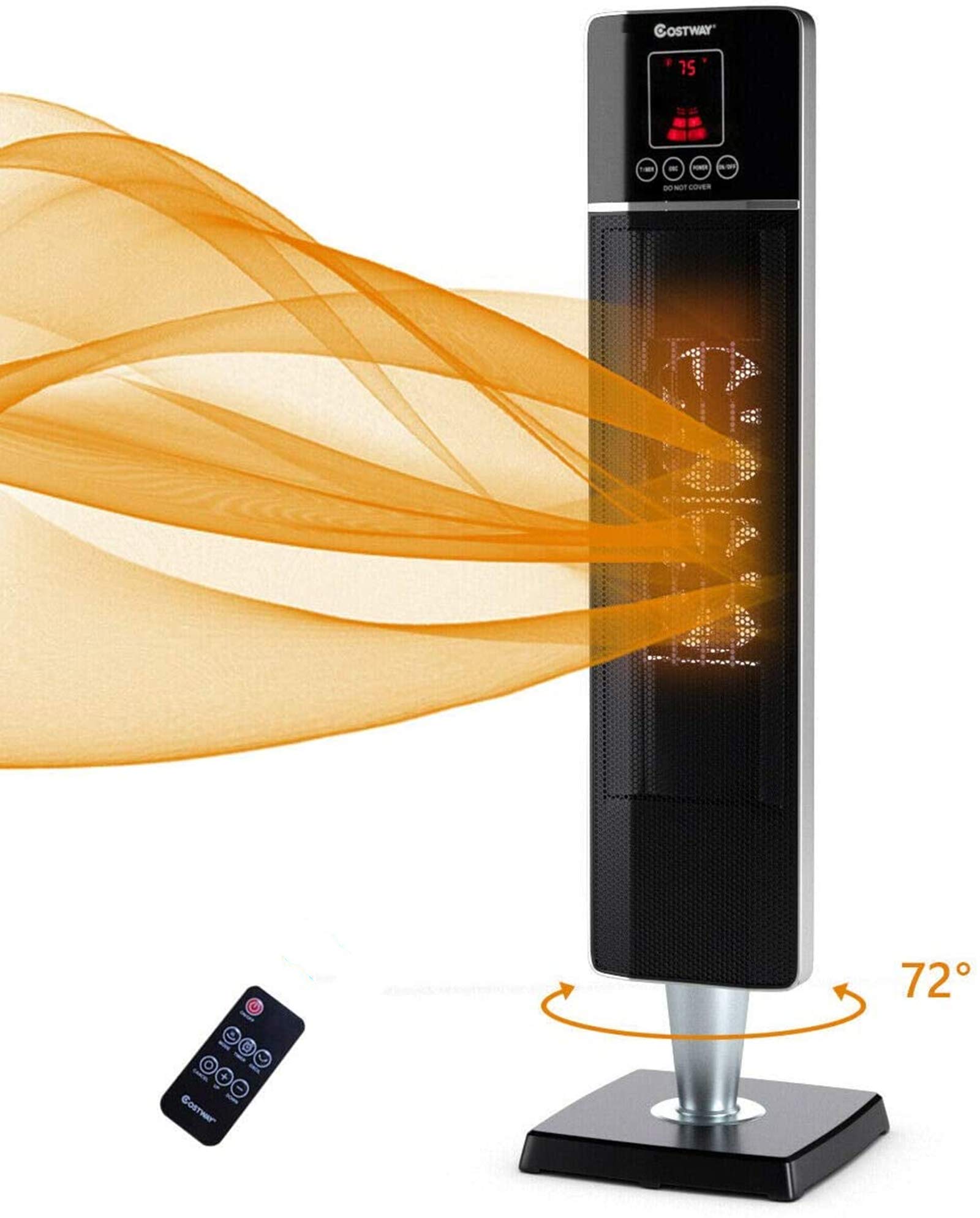 COSTWAY Oscillating Ceramic Tower Heater, 30.5-Inch Portable Room Heater 750W/1500W with 8H Timer, Adjustable Thermostat & Wireless Remote Control, Overheat & Tip-Over Protection for Indoor, Black