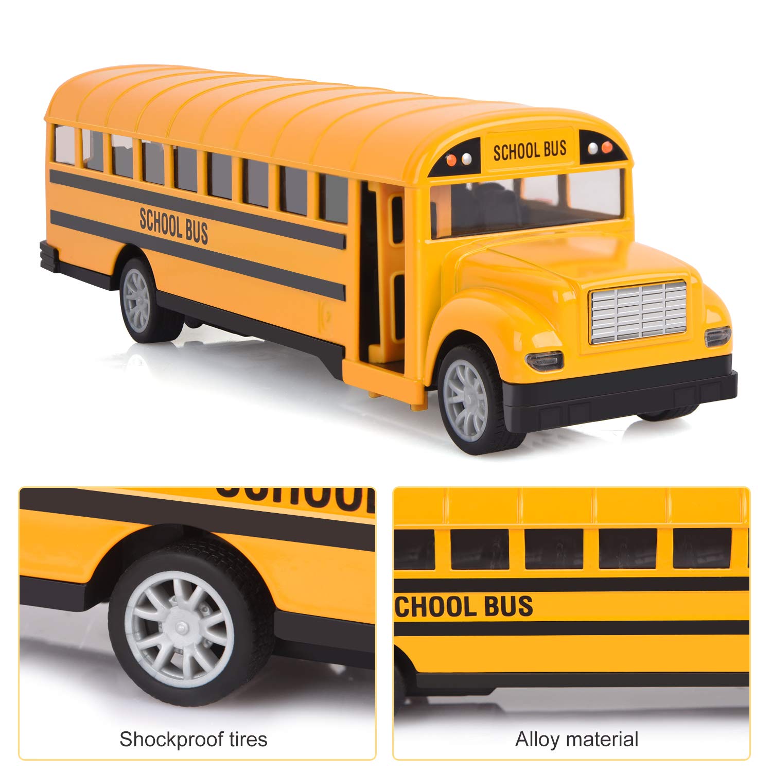Think Wing School Bus Toy for Toddlers, 8.5 inch Die Cast Pull Back Cars Yellow Bus Play Vehicles with Pull Back Mechanism and Open Doors