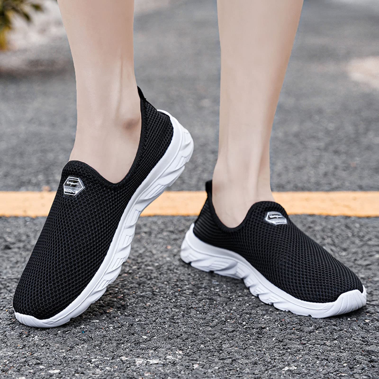 FASDNENDYS Fashion Men Mesh Casual Hollow Out Sport Shoes Slip On Solid Color Running Breathable Soft Sneaker Ornament for Men White