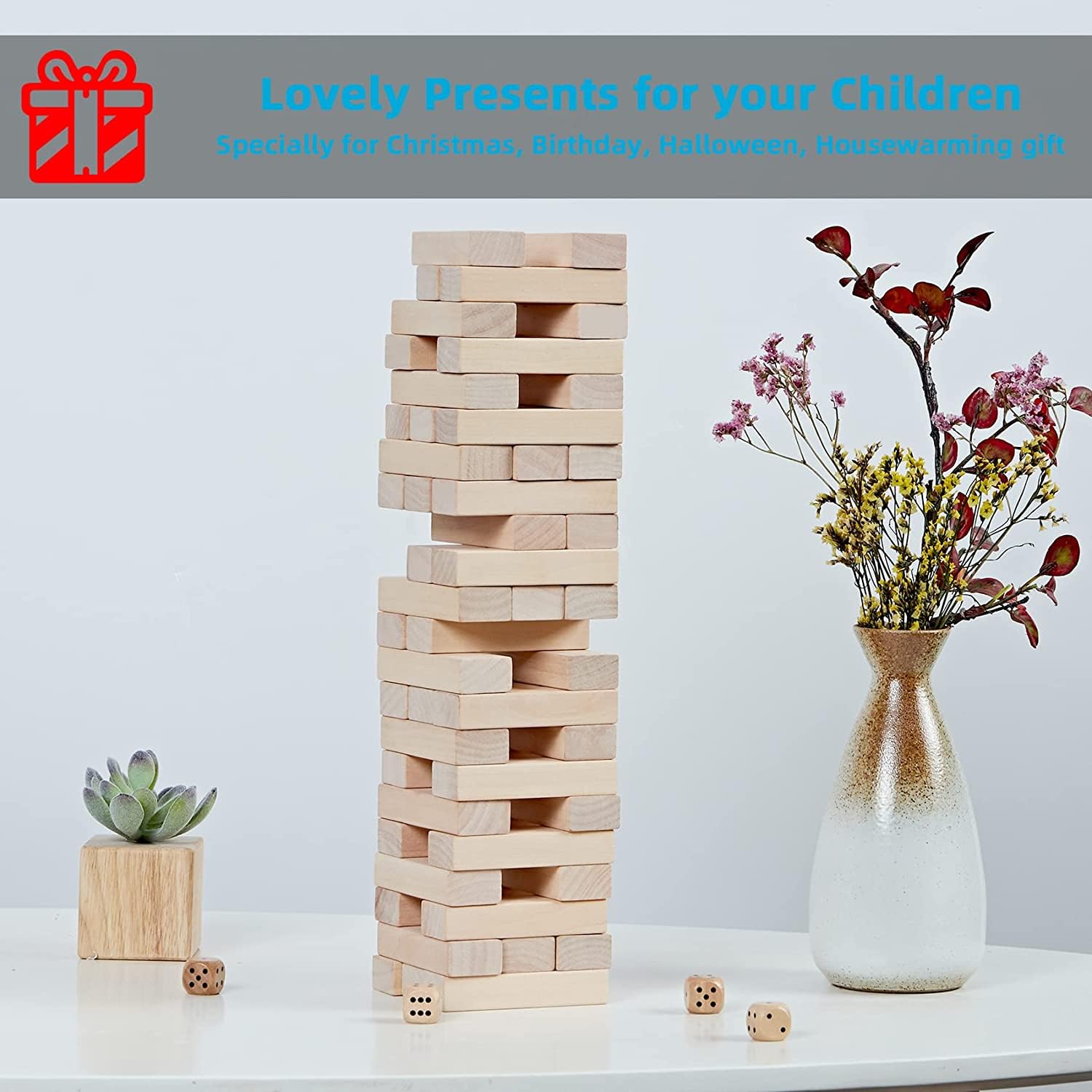 SpeedArmis Mini Tumble Tower, 54PCS Wooden Stacking Game for Teens - Pine Stack Timber Board Games with 4 Dice Set - Classic Xmas Gifts for Kids