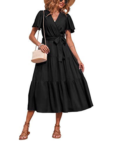 PRETTYGARDEN Summer Dresses for Women 2023 V Neck Wrap Short Sleeve Boho Midi Dress Tie Waist A Line Beach Sun Dresses (Black, Medium)