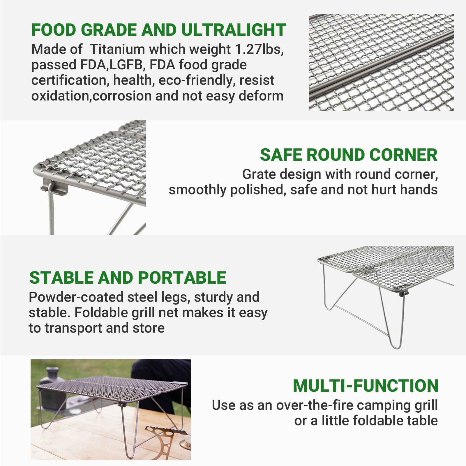 COOK'N'ESCAPE Small Titanium Camping Grill, Folding Portable BBQ Beach, Lightweight Titanium Grill for Backpacking, Beach, Camping, Cooking BBQ, Picnic, Hiking