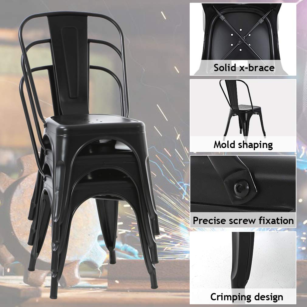 Metal Dining Chairs Set of 4 Outdoor Indoor Restaurant Cafe Tolix Bistro Kitchen Farmhouse Chairs with Back, Stackable Industrial Metal Chairs Hold Up to 330lbs, Black