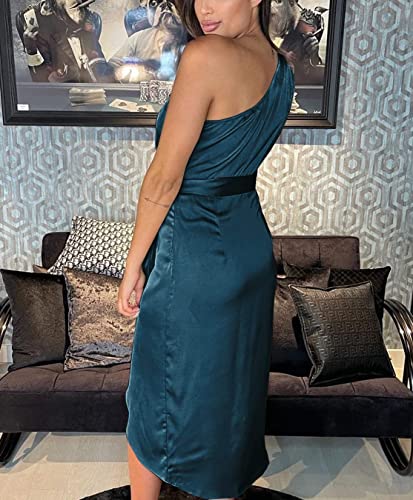 PRETTYGARDEN Women's 2023 Summer Ruched Bodycon Dress Sleeveless One Shoulder Wrap Satin Belted Cocktail Midi Dress(Dark Blue,X-Large)