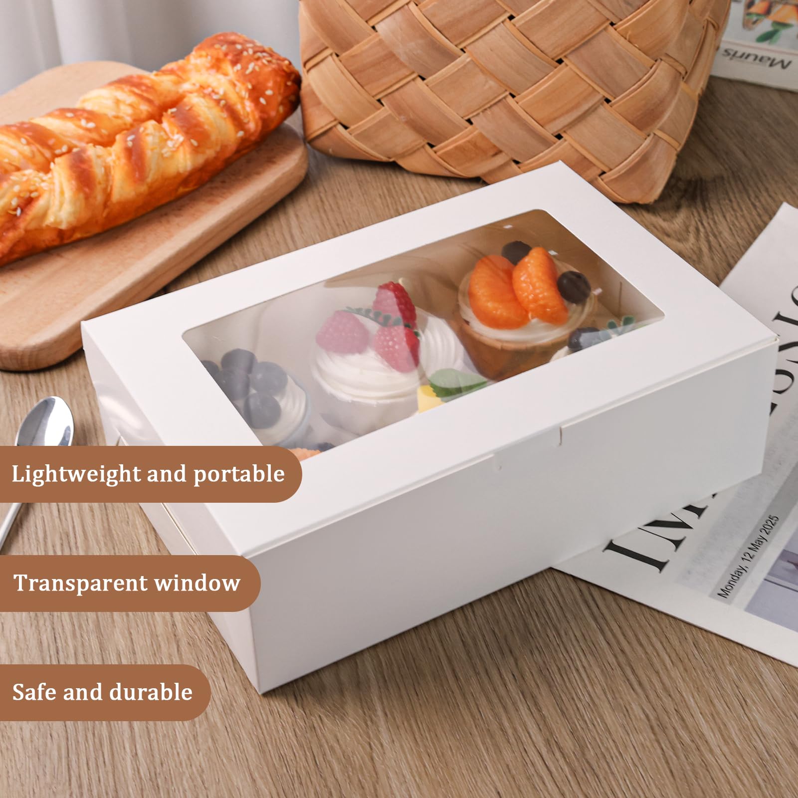 HANSGO 6 Count White Cupcake Boxes, 15PCS Cupcake Containers with Window Cupcake Holders Bakery Boxes for Birthday Holiday Party