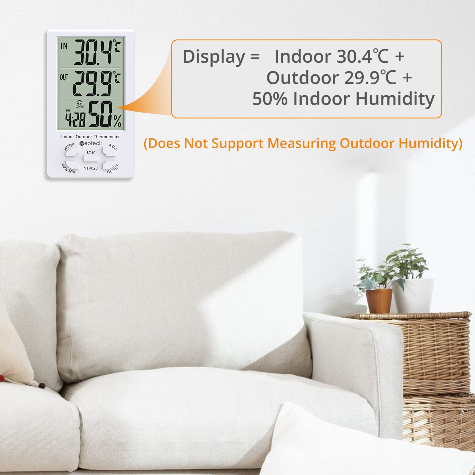 Neoteck 3 in 1 Thermometer Hygrometer with Clock Large LCD Display, Digital Humidity Temperature Meter 1.5m Sensor Wire for Indoor Outdoor Use