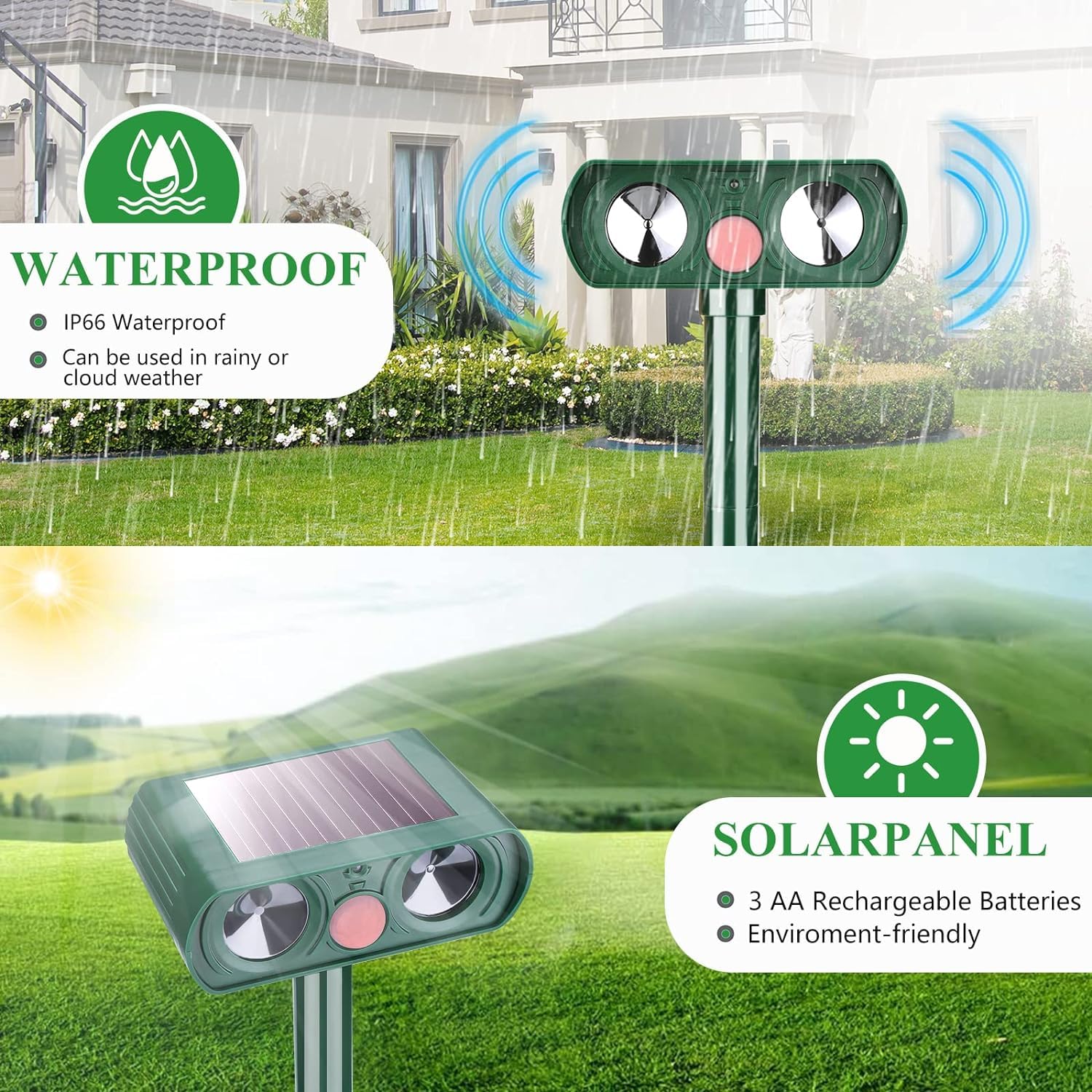 Gebatule 2 Pack Solar Animal Repeller Ultrasonic Animal Cat Repellent Outdoor Deer Repellent Devices with Motion Sensor Animal Deterrent to Repel Cat Deer Squirrel Rabbit Dog Skunk for Yard Lawn