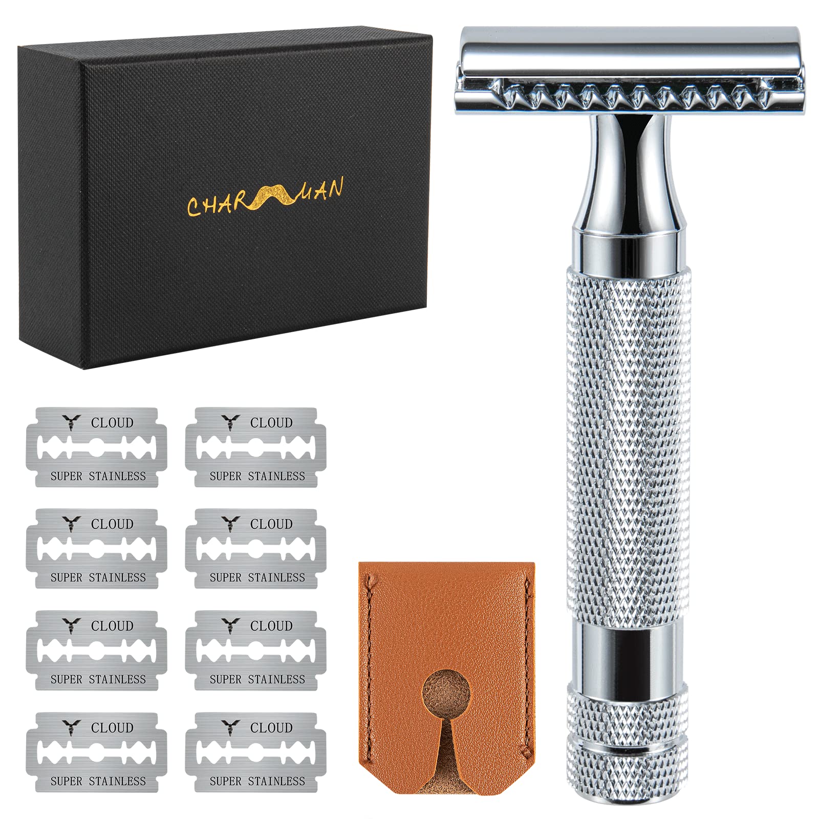 CHARMMAN Classic 3-piece Double Edge Safety Shaving Razor, 1 Razor + 10 pcs Super Stainless Blades + Luxurious Packaging