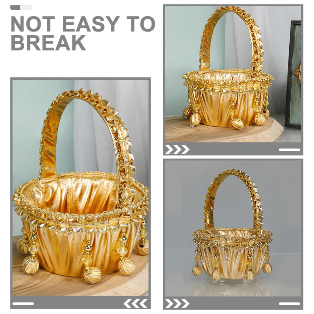Golden Flower Girl Baskets for Wedding Flower Girl Basket Handle Baskets with Beaded Tassel Bridal Rose Petals Basket Rustic Picnic Storage Basket for Easter