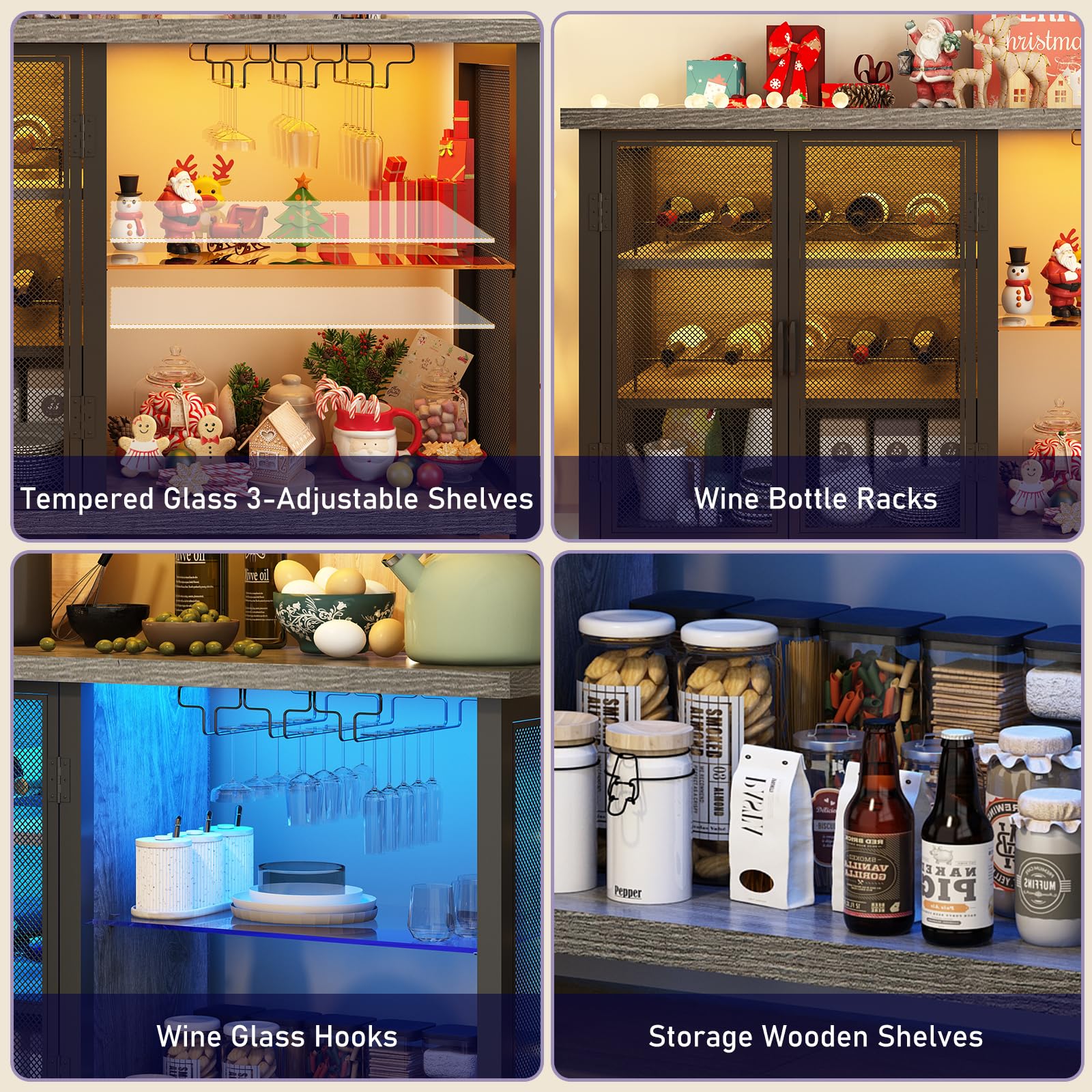 chartustriable Wine Bar Cabinet with 60000-Color Lights, Liquor Cabinet Bar with Bottle Rack and Glass Holder, Home Coffee Bar Cabinet, Buffet Sideboard with Storage Shelf for Kitchen, Dining Room