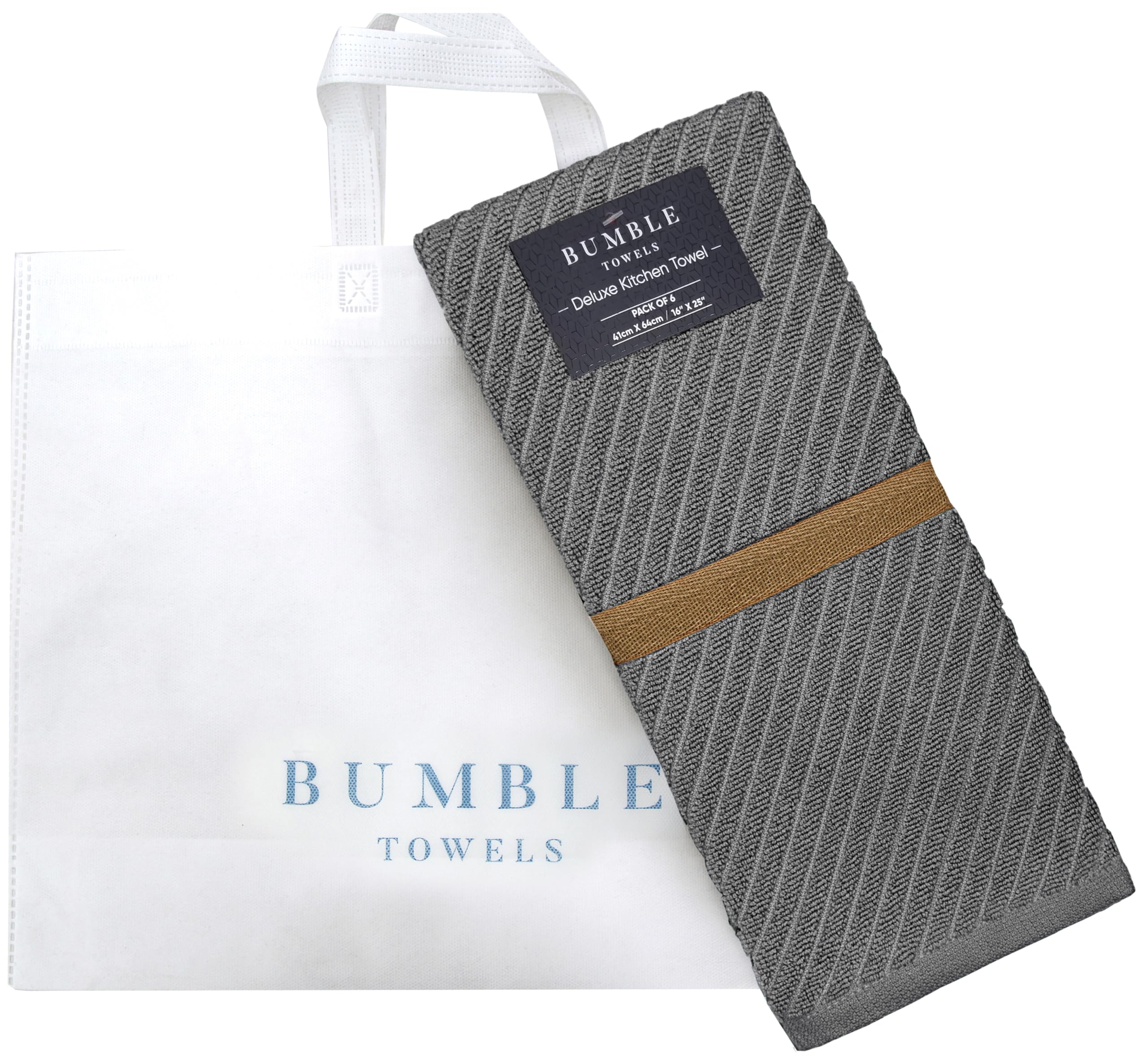 Premium Kitchen Towels (16”x 25”, 6 Pack) | Large Cotton Kitchen Hand Towels | Dish Towels | Diagonal Weave Design | 445 GSM Highly Absorbent Tea Towels Set with Hanging Loop | Grey