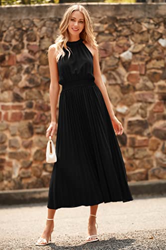 PRETTYGARDEN Women's Long Sun Dresses 2023 Sleeveless Halter Neck Flowy Pleated Maxi Cocktail Dress (Black,Large)