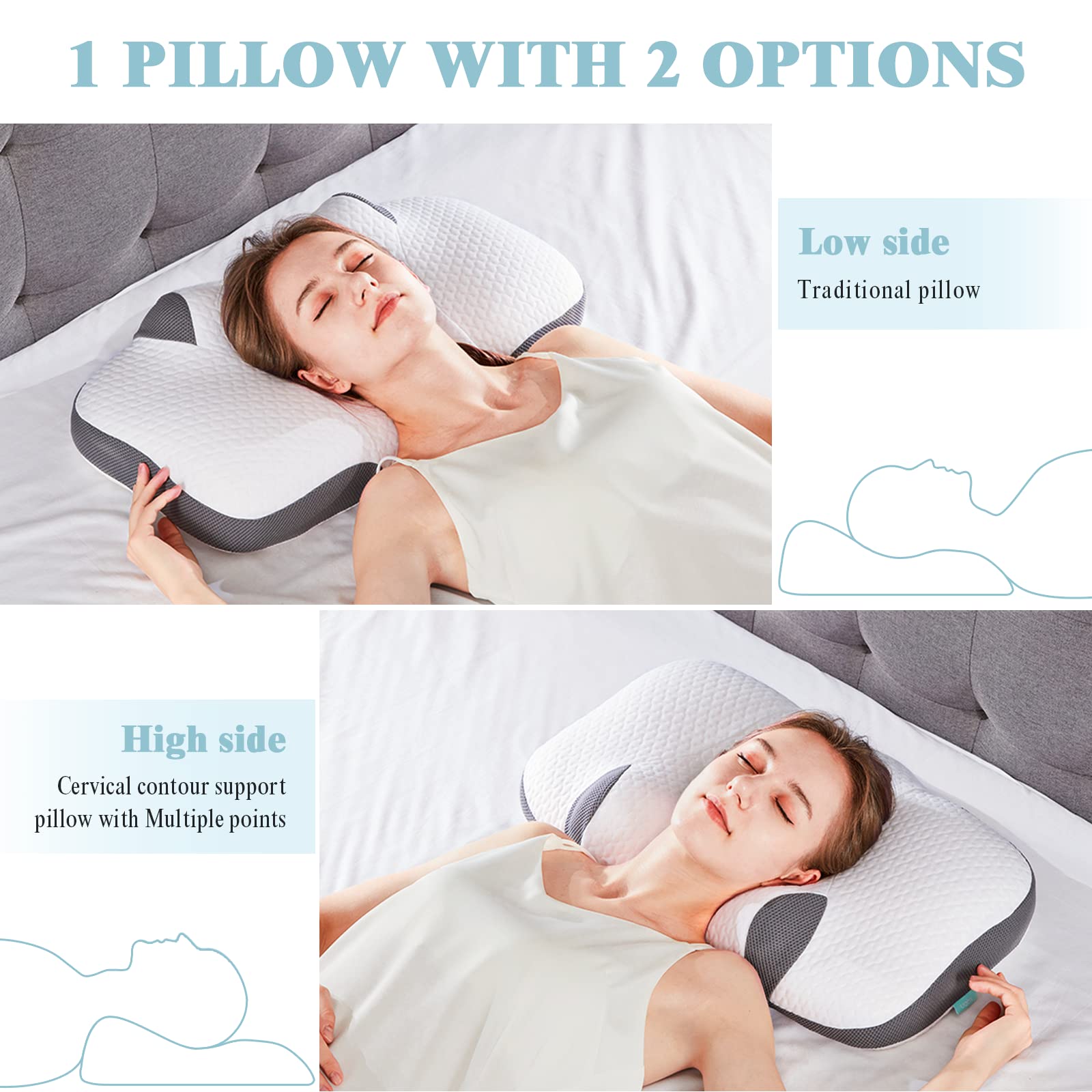 Cervical Memory Foam Pillow, Orthopedic Firm Soft Adjustable Hypoallergenic Ergonomic Contour Pillow for Side Back and Stomach Sleepers Grey