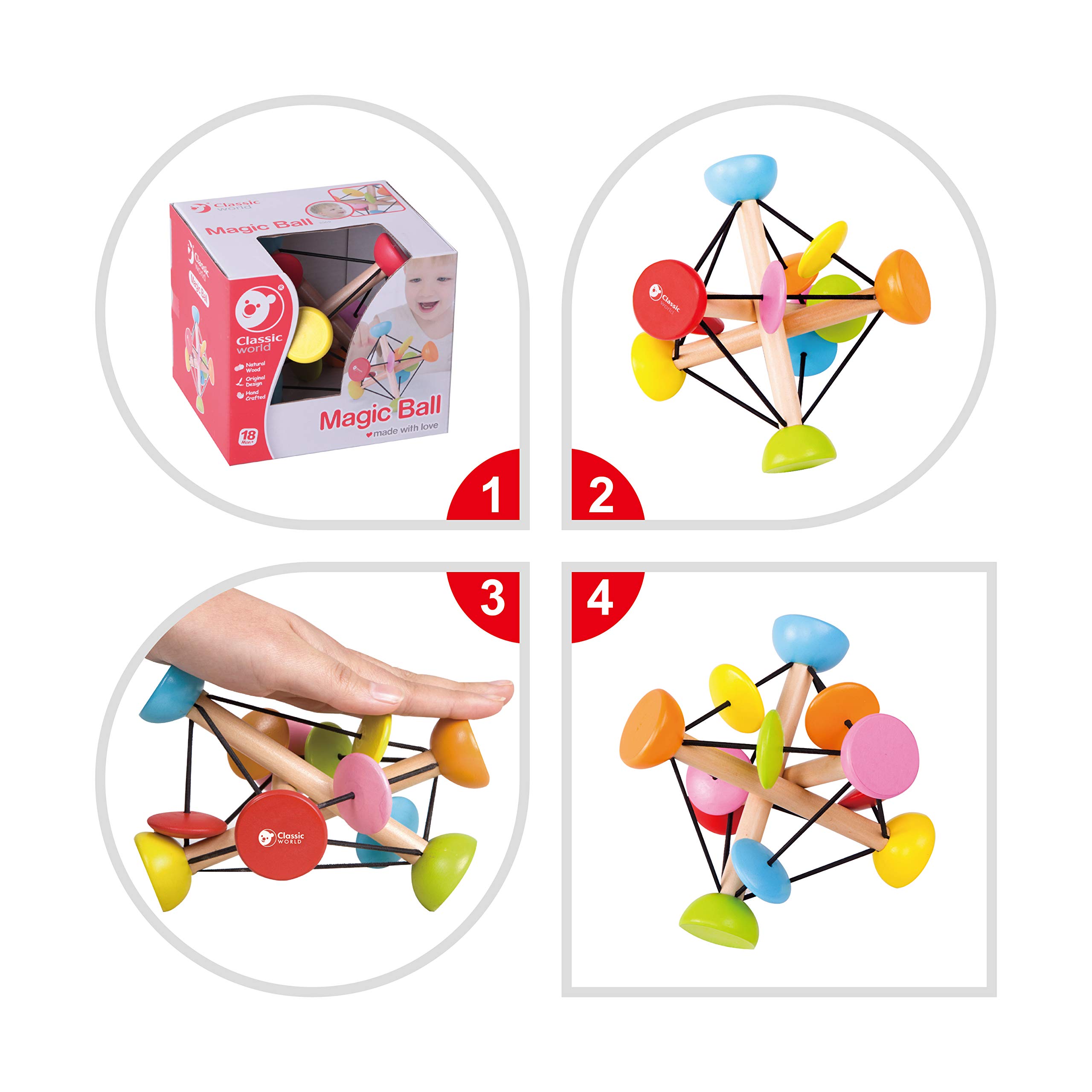 Classic World Wooden Baby Rattle Teething Tensegrity Ball Teether, Squish Squzze Expandable Springy Rebounding Ball for Early Learning Education, Montessori Toys