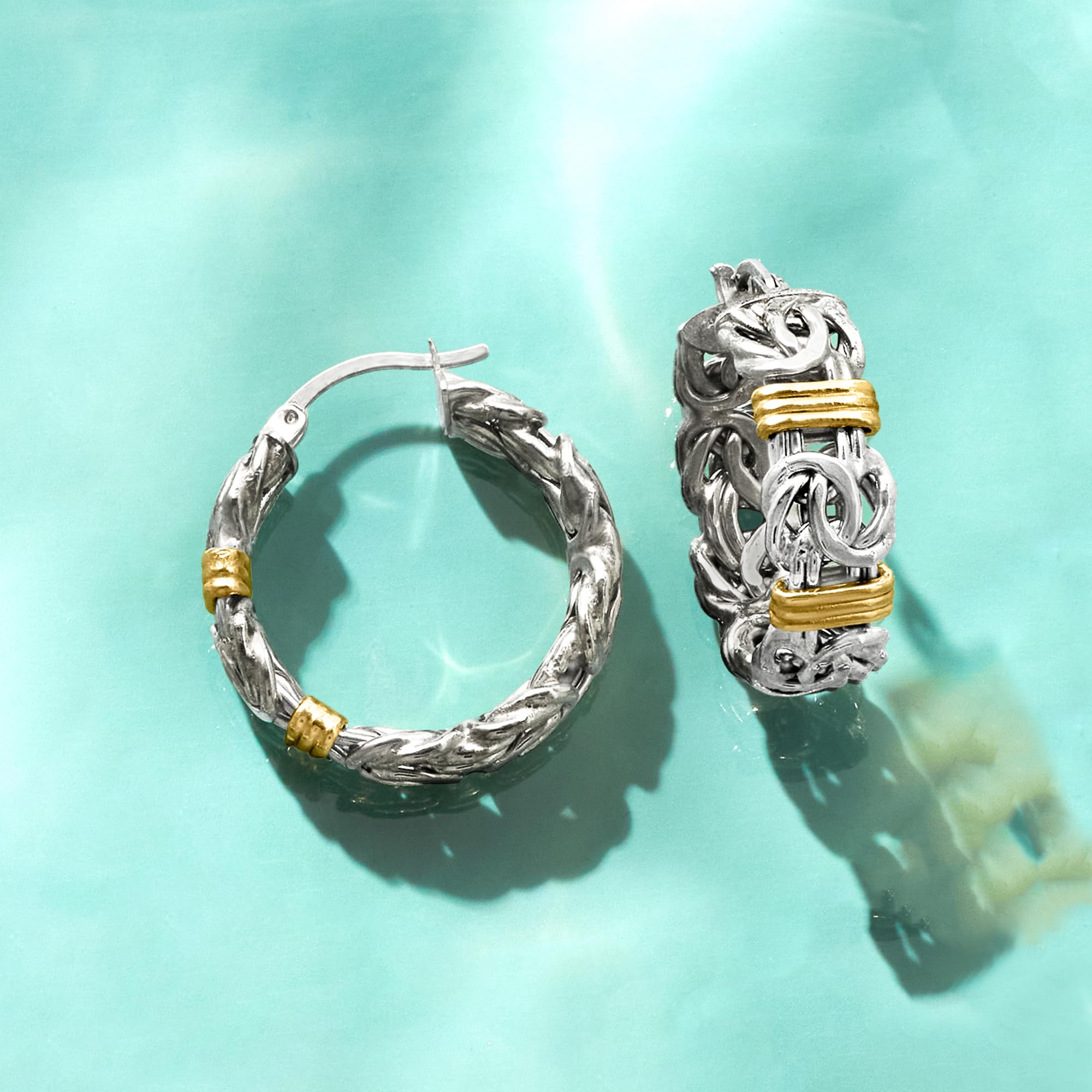 Ross-Simons Byzantine Station Hoop Earrings in Sterling Silver With 14kt Yellow Gold