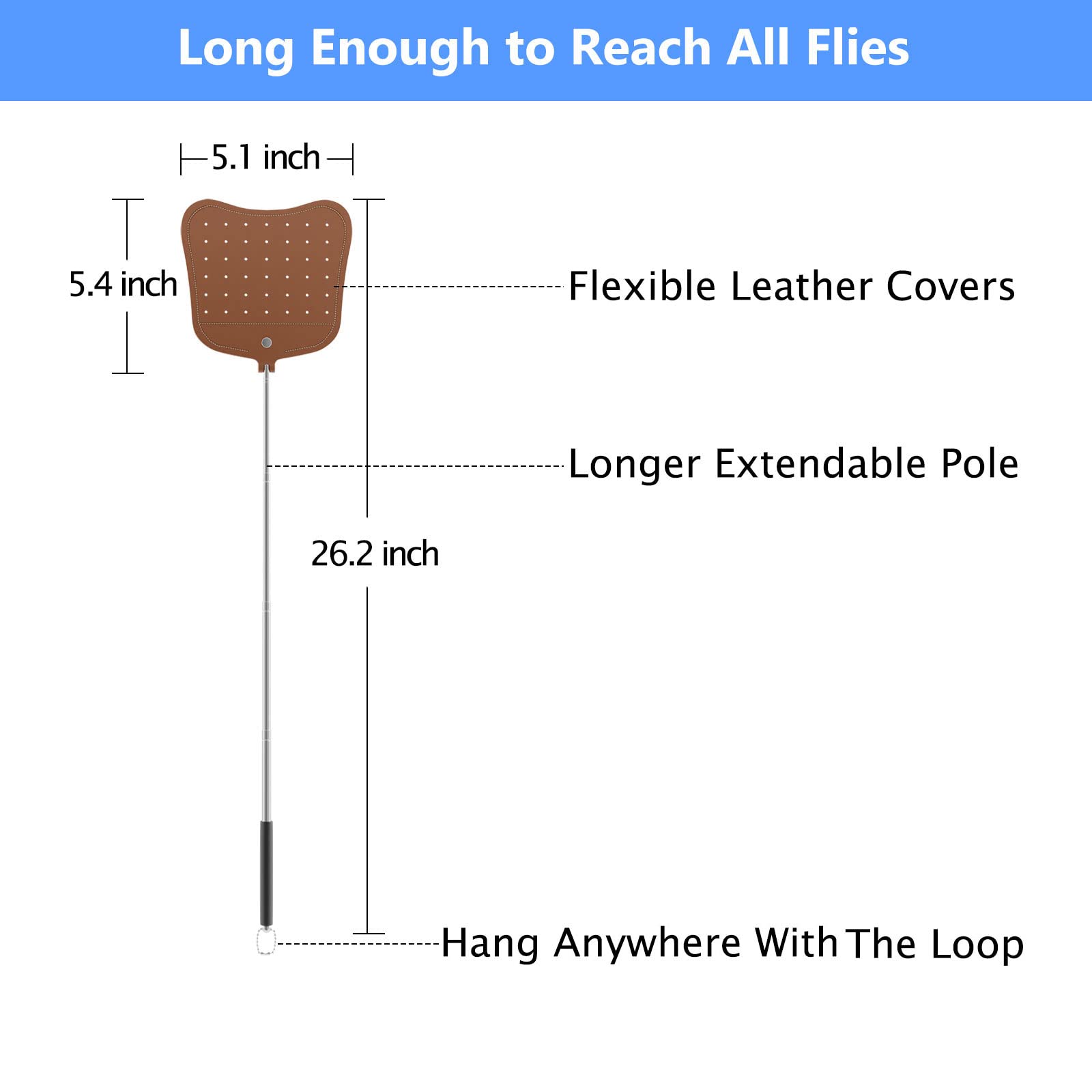 Foxany Telescopic Fly Swatters Heavy Duty Set, Leather Fly Swatter with Extendable Long Handle, Flexible Manual Flyswatter for Indoor Outdoor, 2 Pack