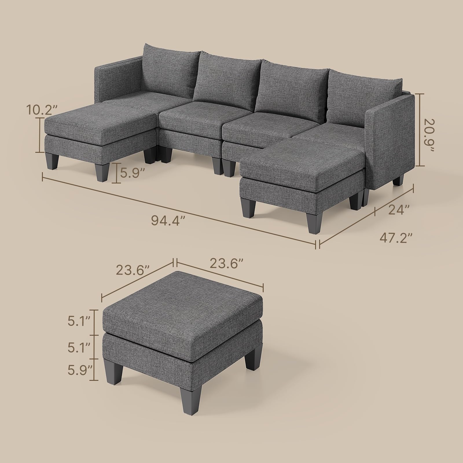 Gizoon Modular Sectional Sofa, Convertible U Shaped Sofa Couch with Ottomans, 6 Seats Sectional Sofa Couch for Living Room, Dark Grey