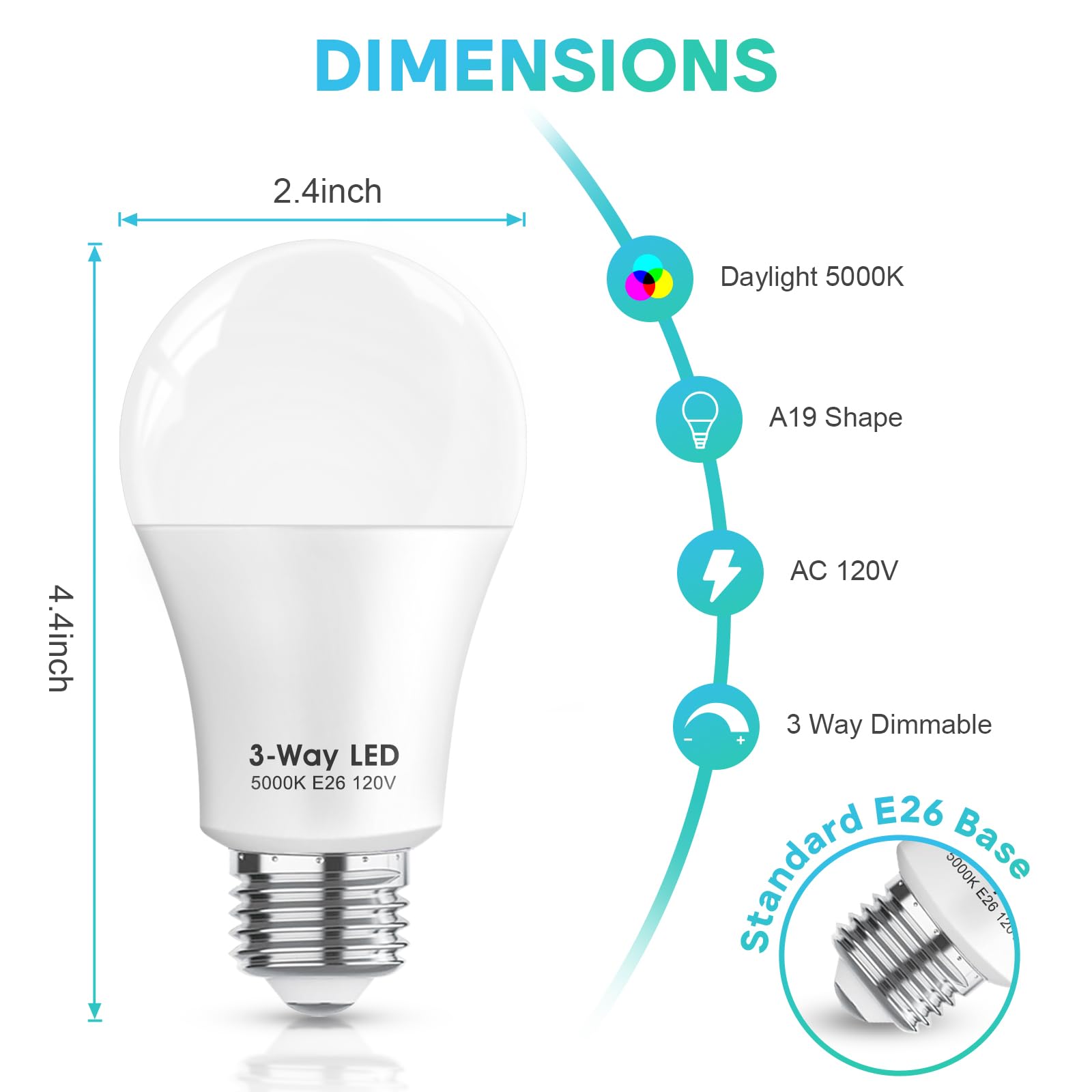 Gonhom 3 Way LED Light Bulbs 50 100 150W Equivalent, Daylight White 5000K 3 Way Light Bulbs, A19 Three Way Light Bulbs,E26 Base 3-Way Light Bulbs for Reading,Living Room-2 Pack