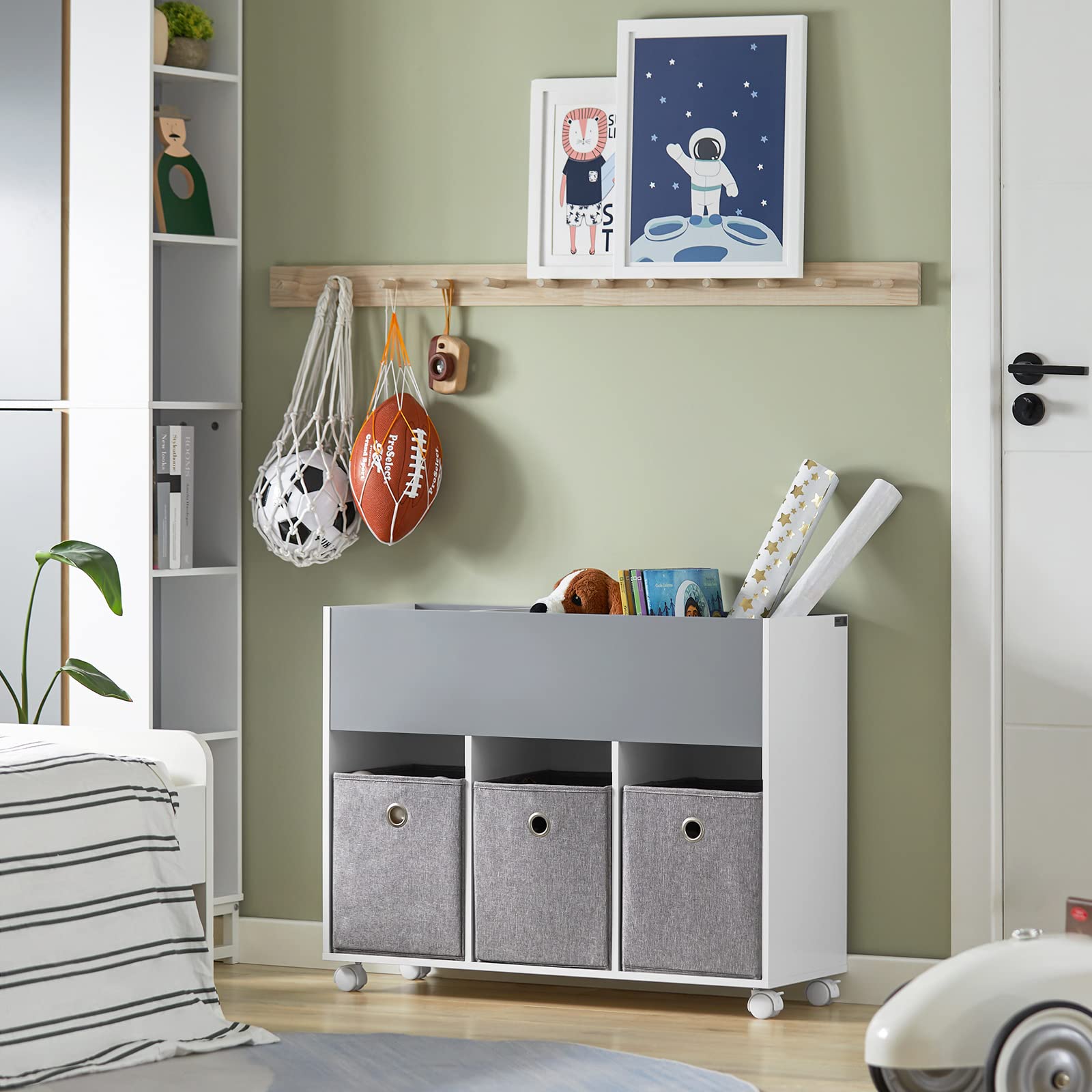 Haotian Kids Toy Storage Organizer Cart, Bookshelf with 3 Baskets & Wheels Children Toddlers Bookcase Playroom Nursery, Grey, KMB61-HG